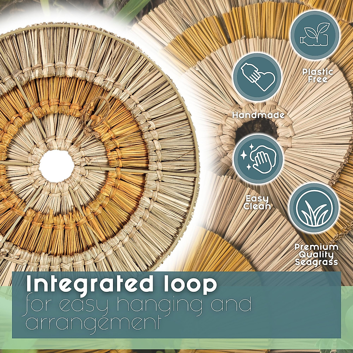 Maraa Wall Basket Decor Set of 4 Seagrass Baskets. Luxurious Wicker Wall Art for Bedroom, Living Room, Home Office - Boho, Farmhouse, Rustic Style Hanging Decorative Woven Wall Baskets