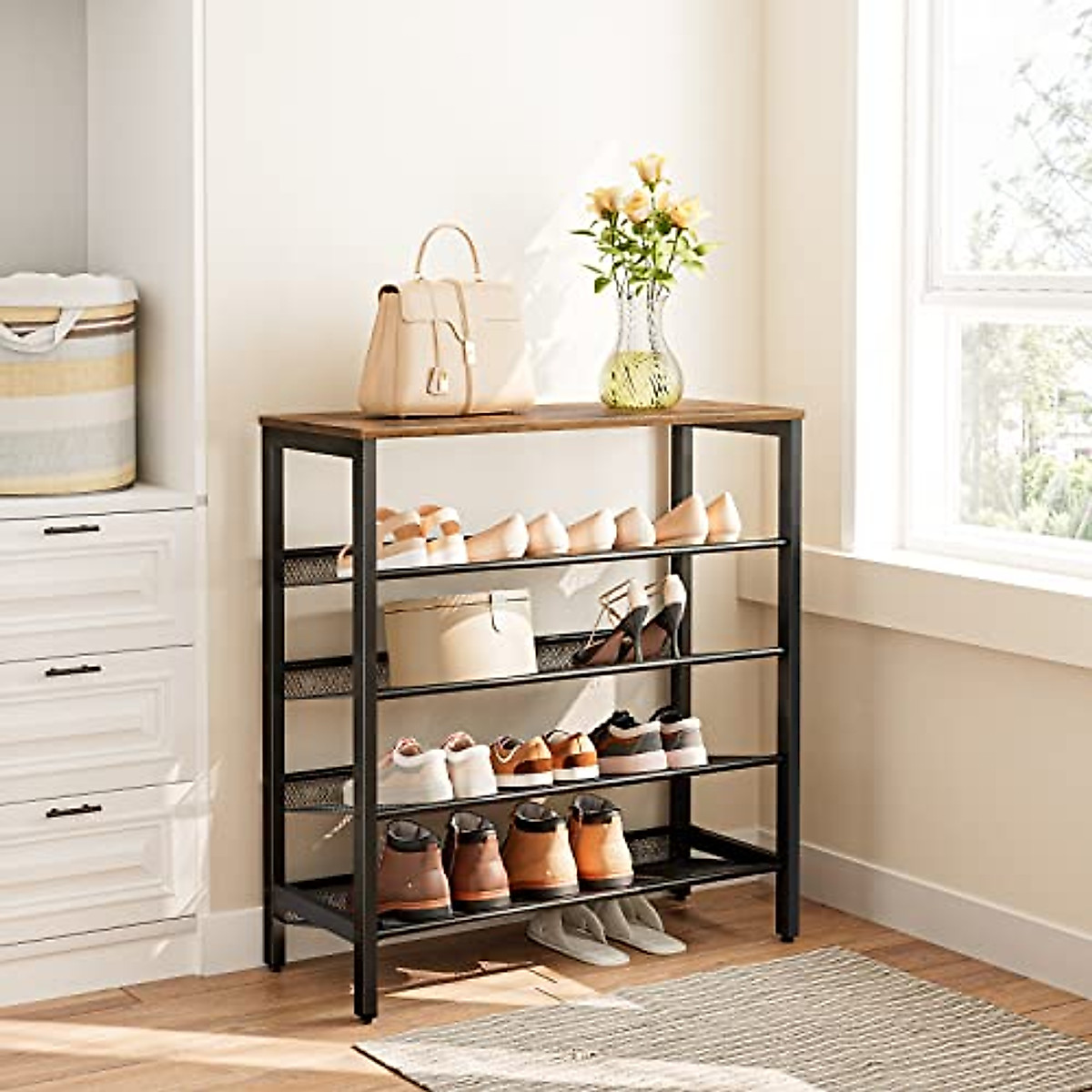 HOOBRO Shoe Rack, 5-Tier Shoe Storage Unit Flat & Slant Adjustable Shoe Organizer Shelf for 16 Pairs, Durable and Stable, for Entryway, Hallway, Closet, Dorm Room, Industrial, Rustic Brown BF01XJ01