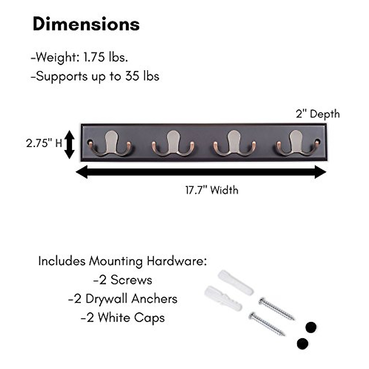 BirdRock Home Dual Hook Coat and Hat Rack - 4 Dual Hooks - 17 Inches - Wall Mount - Decorative Home Storage - Entryway Foyer Hallway Bathroom Bedroom Rail - Oil Rubbed Bronze Hooks - Dark Brown Pine B