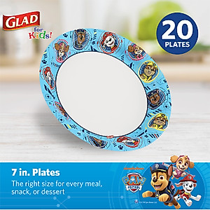 Glad for Kids Paw Patrol Paper Plates , Disposable Paw Patrol Plates for Kids , Heavy Duty Soak Proof Microwavable Paper Plates, Core Pups Blue 7 Inch Round Plates 20ct , Paw Patrol Birthday