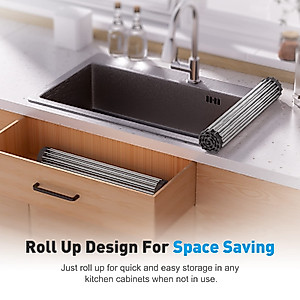 EMBATHER Roll Up Dish Drying Rack Over The Sink, Dish Drying Rack for Kitchen Counter, Multipurpose Stainless Steel Foldable Kitchen Drainer Rack, Anti-Slip, (Black, 17.8"x11.8")