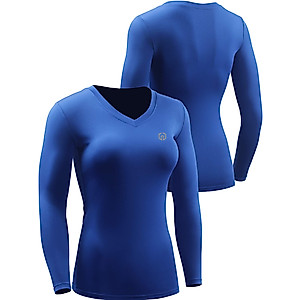 NELEUS Women's 3 Pack Compression Shirts Long Sleeve Yoga Athletic Running Shirts,V-Neck,Black/Blue/White,M