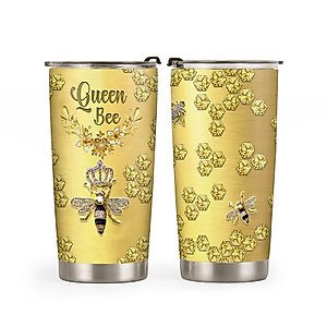 20oz Printed Jewelry Crystal Queen Bee Tumbler, Gifts for Bee Lovers, Coffee Thermos for Women, Stainless Steel Double Wall Vacuum Insulated Coffee Mug, Travel Cup with Lid