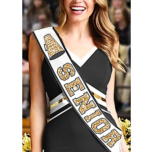 Senior Cheer Sash - Ribbon Edge Gold Sparkle with Black Outline Cheer Senior White PREMIUM GRADE SATIN Sash - High School Cheerleader Squad Supplies (RbnCheer GLD w/BLK) WHT