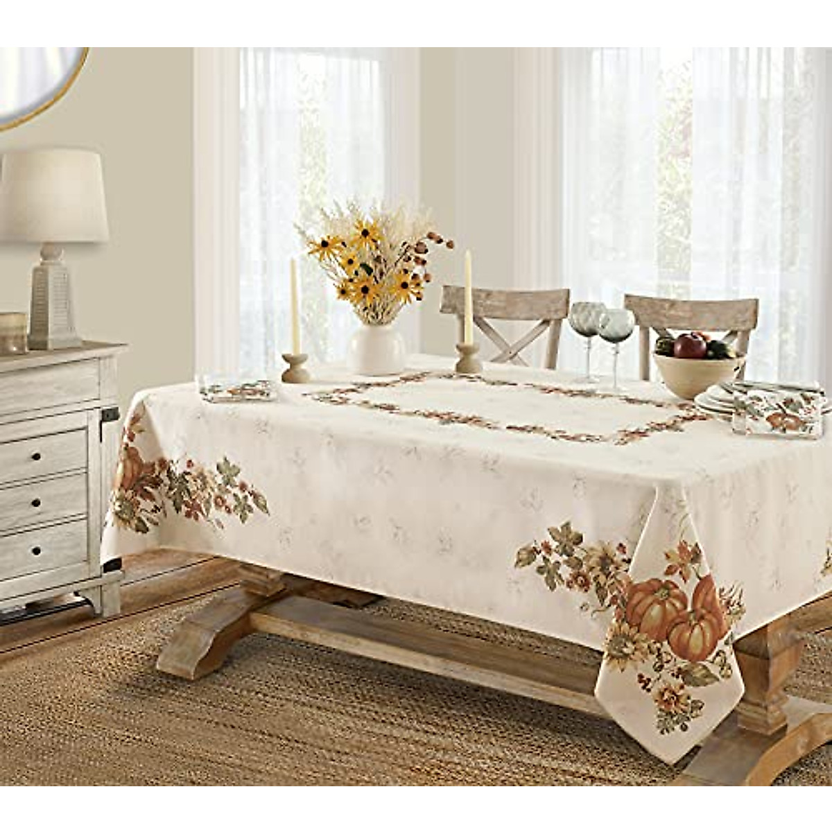 Lintex Stockbridge Pumpkin Harvest Bordered Thanksgiving Placemats, Autumn Fall Leaf, Sunflower and Acorn Border Print Print Easy Care Fabric Placemats, Set of 4 Bordered Placemat