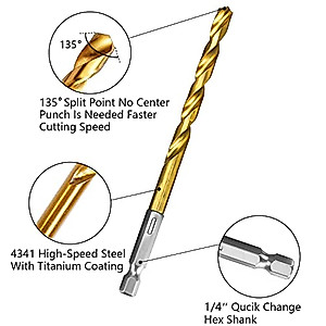 Titanium Twist Drill Bit Set - 13 Pcs Hex Shank High Speed Steel， Premium 4341 HSS Titanium Impact Hex Drill Bits for Wood, Steel, Metal, Plastic, Quick Change Design (1/16”-1/4”)