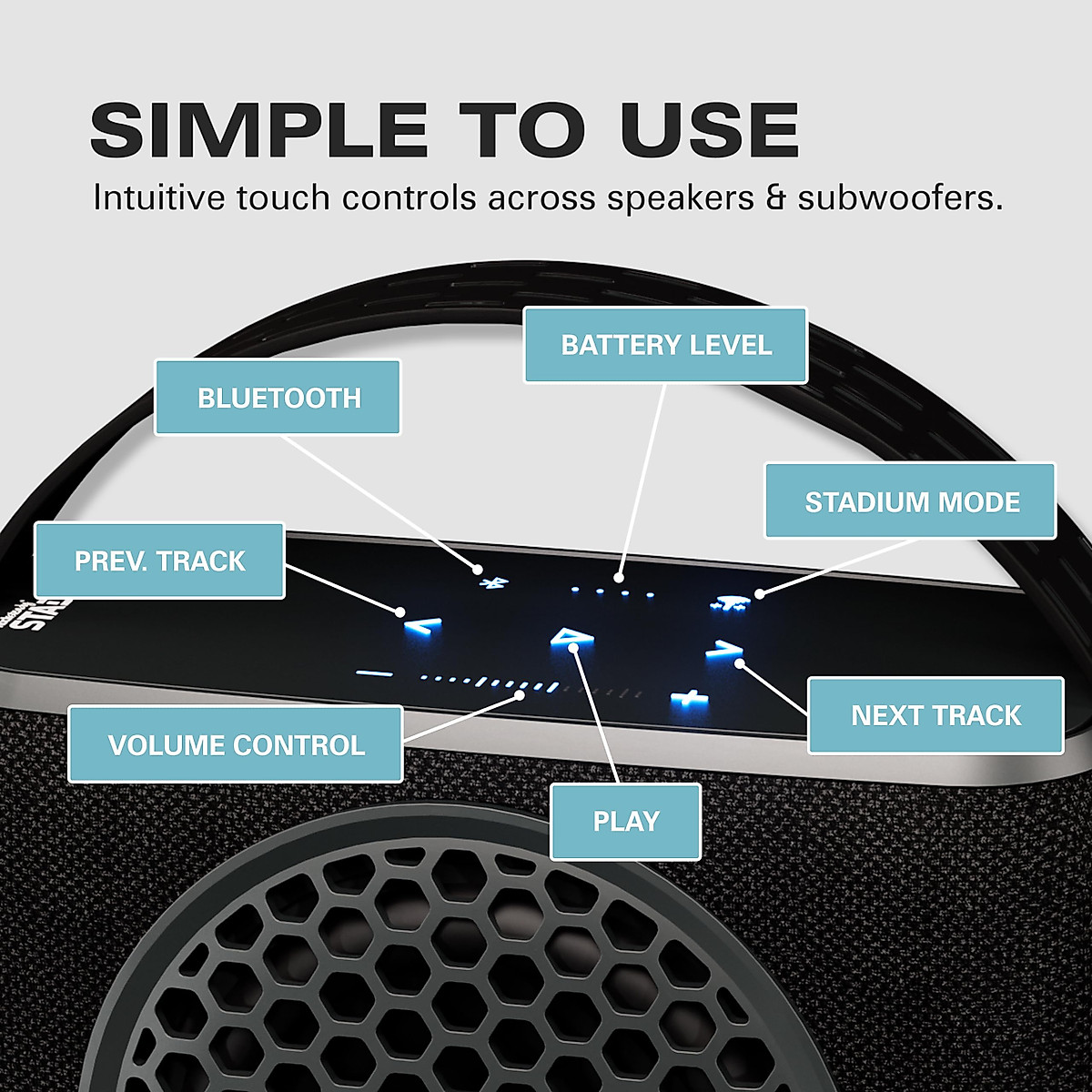 Rocksteady Stadium Portable Bluetooth Speaker and Subwoofer Combo - Up to 100 Foot Range - Up to 30 Hour Battery Life | 2 Speakers + 1 Subwoofer