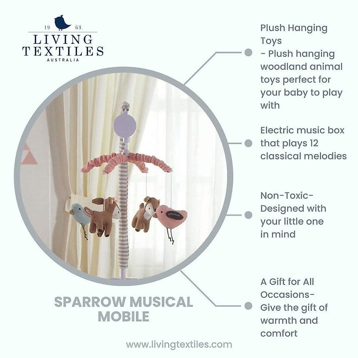 Lolli Living Baby Crib Musical Mobile w/Sparrow & Deers - Knitted Woodland Bird Safari Animal Characters | Hanging Decor w/Electronic Music Box for Newborn & Nursery Bedding/Crib | Baby Girl