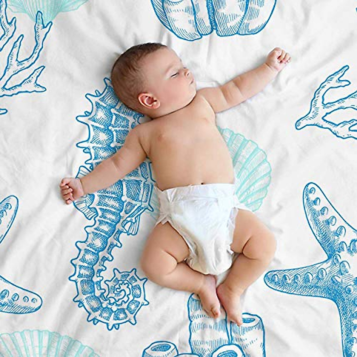 Mugod Sea Life Throw Blanket Seahorse Starfish Coral Sprigs and Seashell Marine Seamless Pattern Decorative Soft Warm Cozy Flannel Plush Throws Blankets for Baby Toddler Dog Cat 30 X 40 Inch