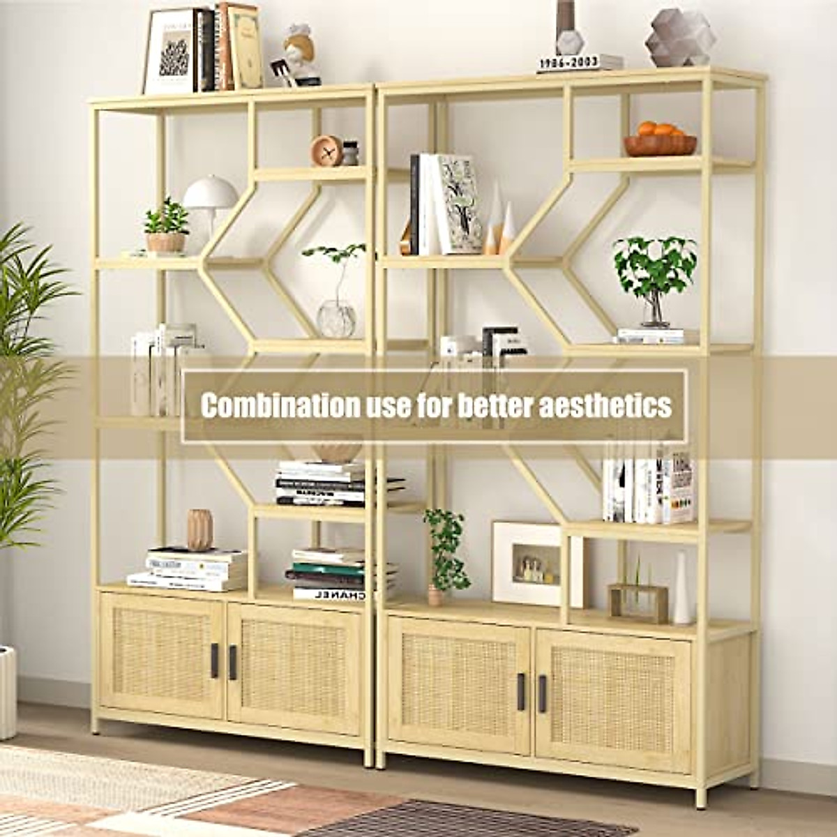 WAQINBR Rattan Book Shelf with Storage Rack, Bookcase Shelf with Doors, 6 Shelf Bookcase; Display Shelves for Living Room Home Office, Featured Natural Large Space Book Case