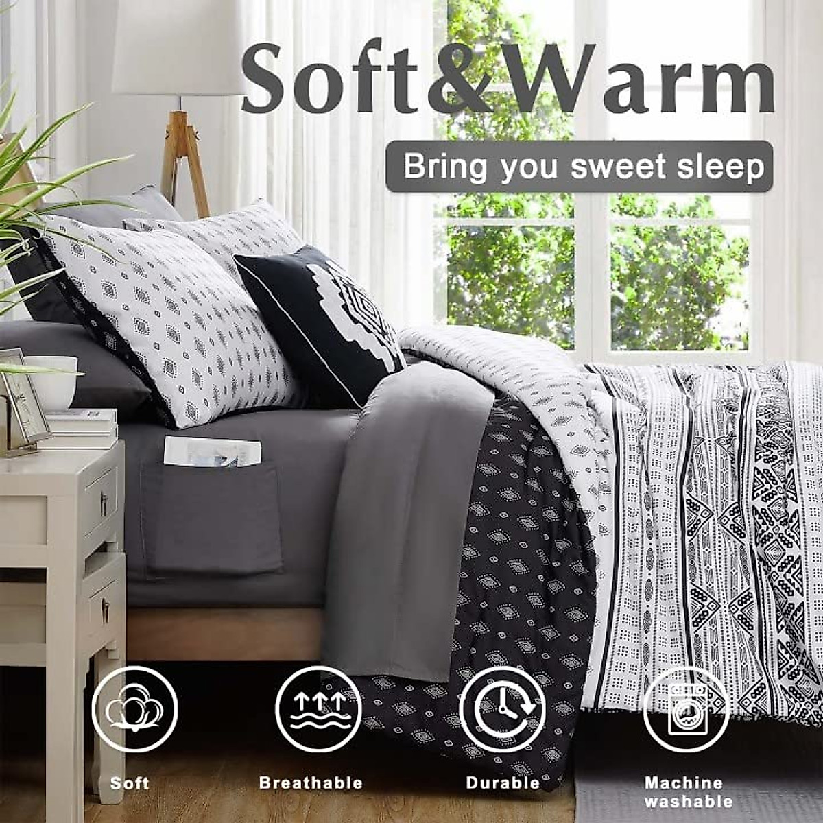 Geniospin Boho Queen Comforter Set, Boho Bed in a Bag 8-Pieces Bedding Set, Reversible Aztec Pattern, Design with Soft Microfiber, Lightweight, Warm and Breathable (White and Black, 90x90 Inches)