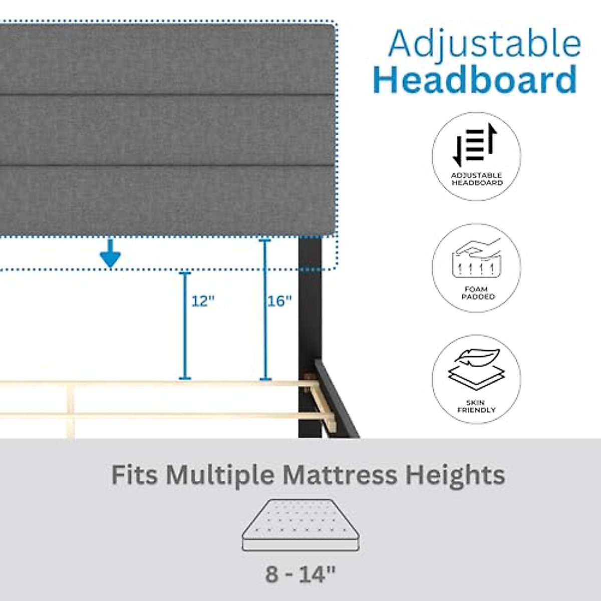 Boyd Sleep Ravenna Gray Linen Queen Size Fully Upholstered Platform Bed Frame with Adjustable Headboard - Easy Assembly, Noise Free, Modern Design, Durable & Sturdy Mattress Support