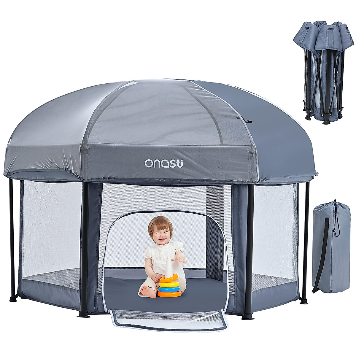 Baby Playpen Foldable Indoor & Outdoor, Onasti Play Yard with Children's Soft Mat, Compact Fence Packable Dome UV Protection, Suitable for Travel/Beach/Picnic Activity Center (Hexagon)