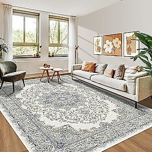 8x10 Area Rugs for Living Room: Large Machine Washable Area Rug with Non Slip Backing Neutral Farmhouse Rug Thin Floral Print Indoor Carpet for Under Dining Table Home Office Multi