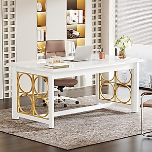 LITTLE TREE 63-inch White Executive Desk, Modern Office Desk with Stable Gold Metal Legs, Large Office Computer Desk, Home Office Business Furniture, Glossy White