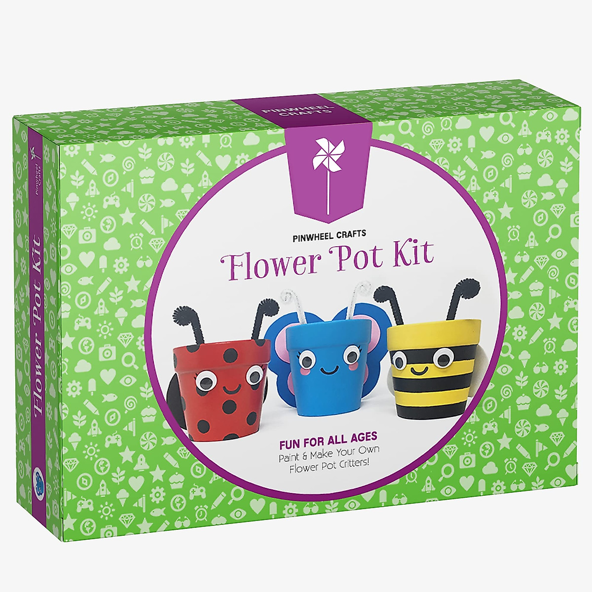 Pinwheel Crafts Flower Pot Kit - Set Comes with 3 Planters, 8 Paints, 2 Brushes & Much More - Paint Your Own Pot Set Garden Kit for Kids - Arts and Crafts for Kids Ages 4-8 (Original)