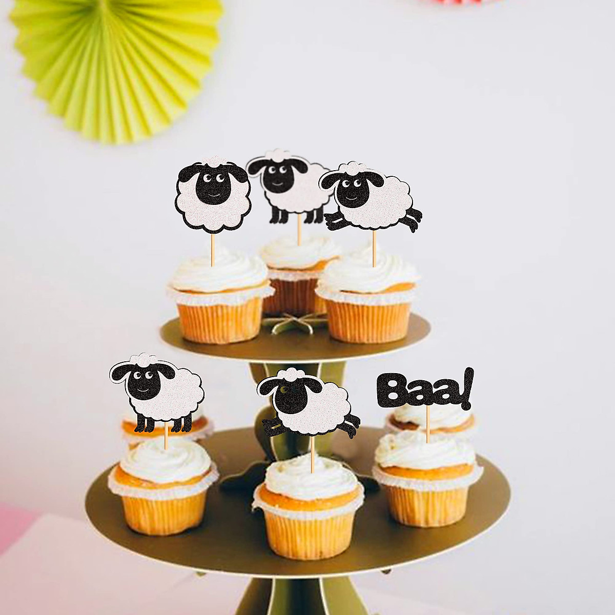 Ercadio 24 Pack Sheep Cupcake toppers Black Glitter Farm Animals Cupcake Picks Sheep Baa Cupcake Decors Sheep Theme Baby Shower Birthday Party Supplies