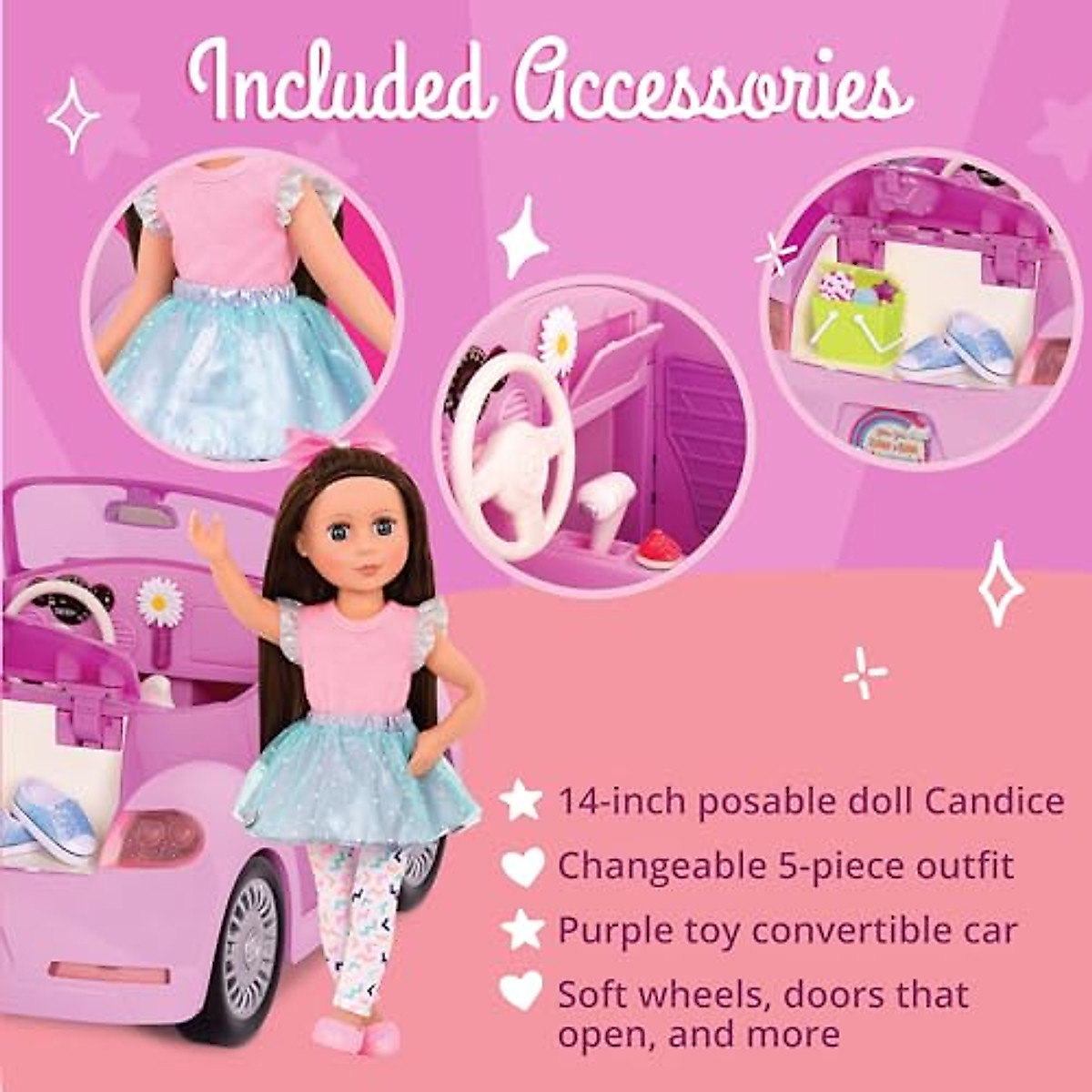 Glitter Girls – Purple Convertible Car & 14-inch Poseable Doll Candice – Rolling Wheels, Opening Doors, Trunk & Interior Storage – Toys, Clothes, and Accessories for Ages 3+