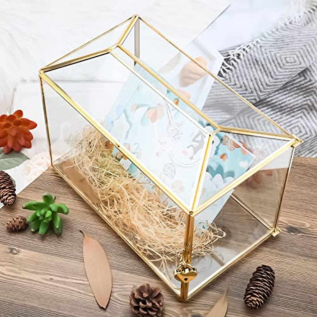 HighFree 10.2" Glass Wedding Card Box with Slot & Lock, Handmade Copper Gold Geometric Terrarium, Clear Display Box for Wedding Reception, Wishwell, Keepsake