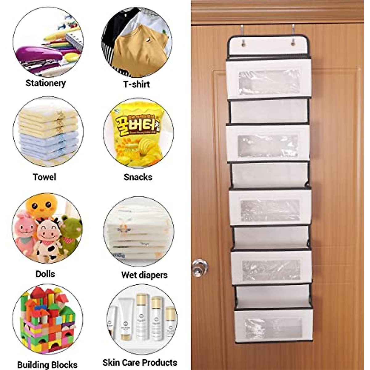 5-Shelf Over Door Hanging Organizer Storage,5 Large Pockets with Clear Windows，2 Metal Rings for Large Hanging Weight for Nursery, Diapers, Closet,Room,Dorm(White)