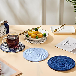 Trivets for Hot Dishes,7.3" Resistant Pot Holders for Kitchen,Kitchen Essentials,Farmhouse Kitchen Decor,Blue Hot Plate Mats,Non-Slip Cotton Material,Blue Kitchen Accessories (Blue)