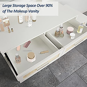Maupvit Rattan Vanity Desk with Mirror and Lights, Boho Makeup Vanity Table Set with Nightstand, 5 Drawers & 10 Bulbs, Metal Silver Handle, 3 Open Shelves, Dressing Table with Cushioned Stool (White)