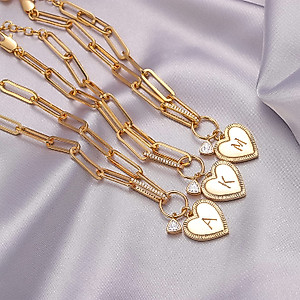 MEVECCO Gold Paperclip Bracelet, 18K Gold Plated Heart Initial Oval link Bracelet Dainty Handmade Letter Charm Bracelet for Women Jewelry