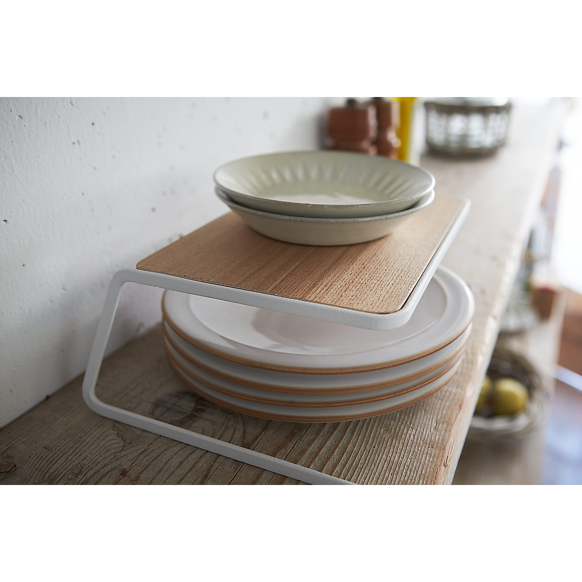 YAMAZAKI Home Dish Kitchen Cabinet Shelf and Organizer | Steel + Wood | Small | Riser, White