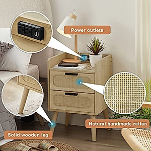 2 PC Nightstands with 2 Natural Rattan Decorated Drawers, Bedside End Table Side Table with 2 AC Outlets & 2 USB Ports, Solid Wood Legs & Particle Board Frame, Natural