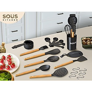 Sous Kitchen Silicone Kitchen Utensils Set & Silicone Cooking Utensils - Kitchen Silicon Utensil Set Wooden Handles - Cooking Utensil Set & Baking Essentials - 30 pcs Silicone Spoons for Cooking