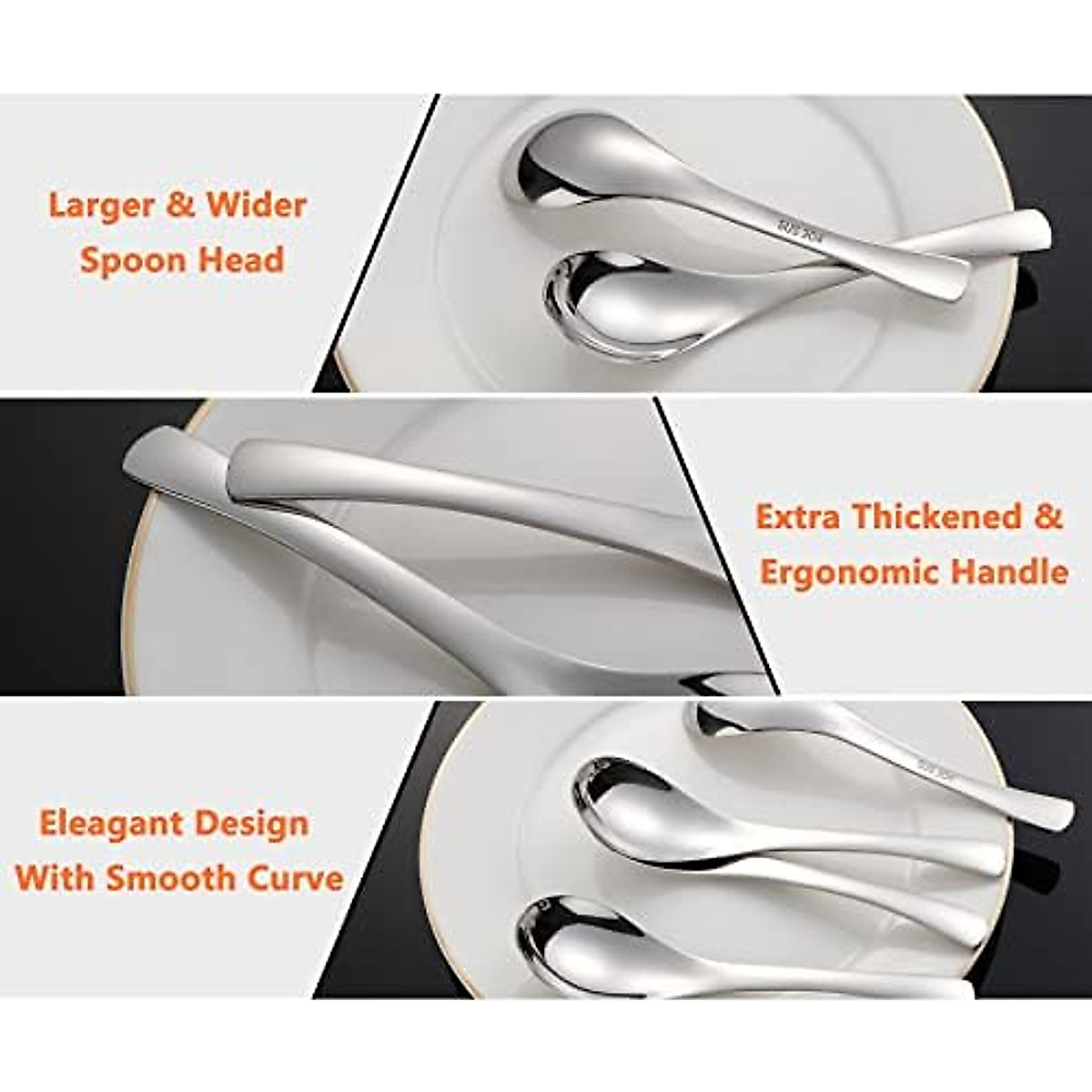 Soup Spoons Stainless Steel Asian Soup Spoon Set of 6 Heavy-Weight Round Table Spoons Mirror Polished Silver Ramen Spoons