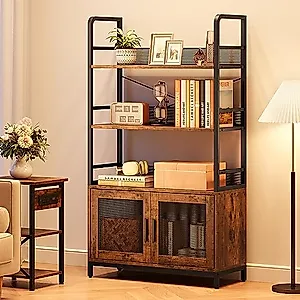 IDEALHOUSE Bookshelf with Doors Industrial Bookcase with 3 Tiers Open Storage Shelves Rustic Bookshelves Tall Display Rack Cabinet Farmhouse Bookshelf for Bedroom, Living Room, Home Office, Brown