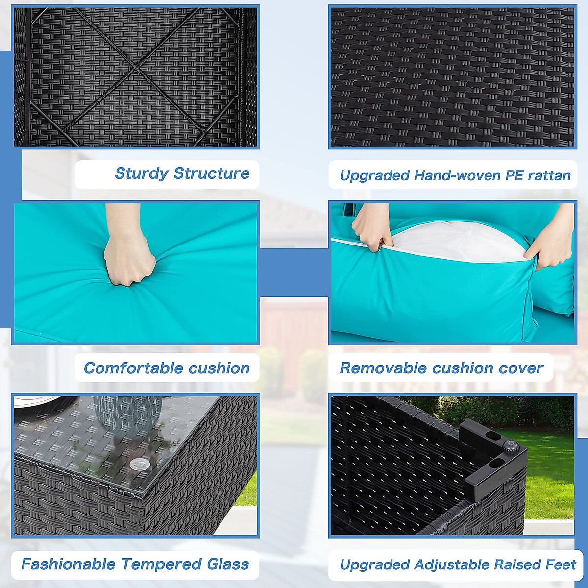 Shintenchi 7 Pieces Outdoor Patio Sectional Sofa Couch, Black PE Wicker Furniture Conversation Sets with Washable Cushions & Glass Coffee Table for Garden, Poolside, Backyard (Blue)