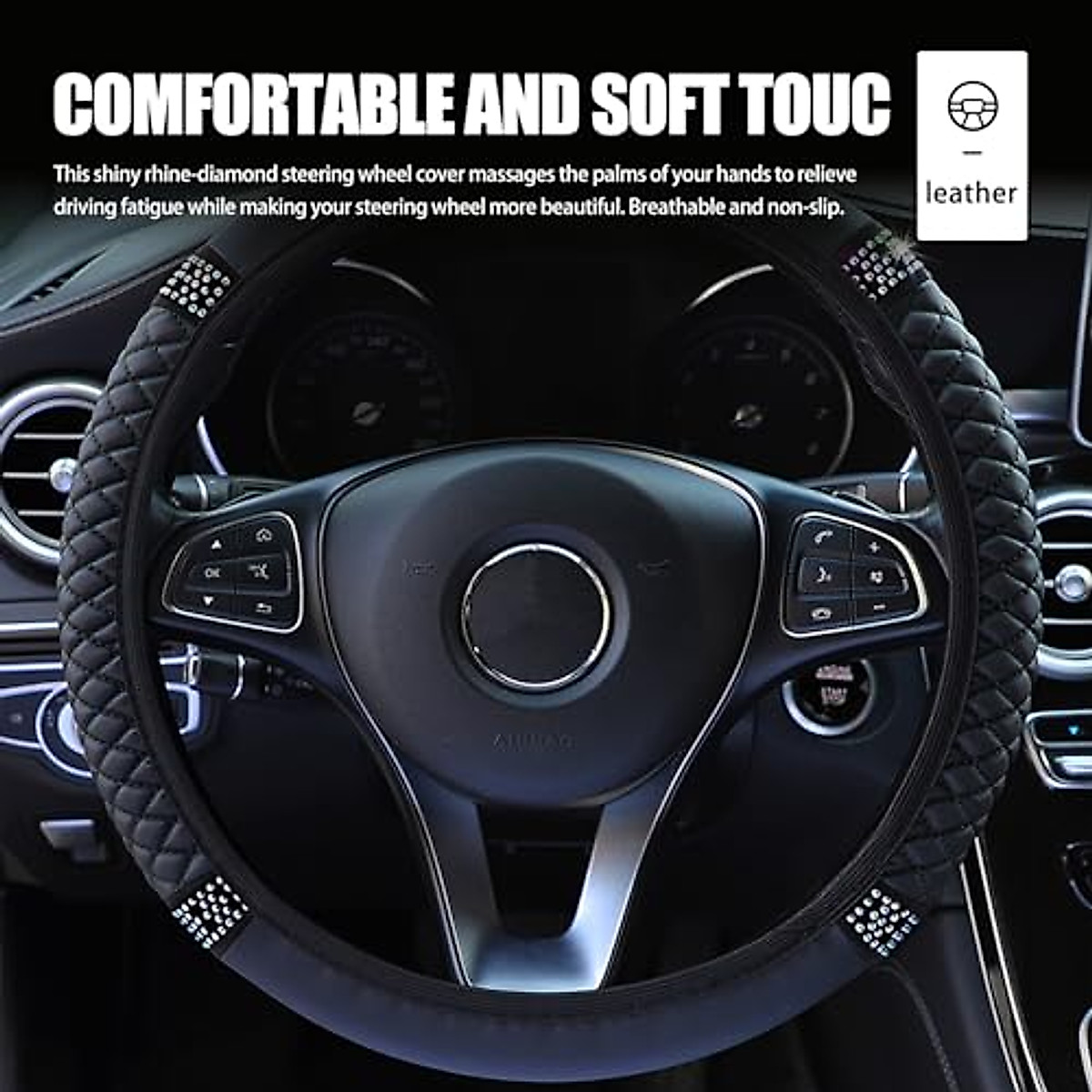 Crynod 1 PC Bling Car Steering Wheel Cover, Rhinestone-Encrusted Leather Elastic Protective Cover Without Inner Ring, Universal Automotive Decorative Accessory, Suitable for Most Models (Black)