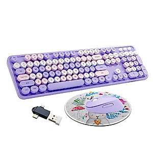 Seaciyan Wireless Keyboard and Mouse Combo, Ergonomic Cute Retro Typewriter Full Size Colorful USB Cordless Keyboard Mouse Set for Gaming and Office (Purple)