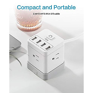 KMC Surge Protector Power Strip, Cube Portable Power Outlet with 4 USB Ports 4.8A and Switch Control, 5-Foot Extension Cord and Detachable Base, Ultra-Compact for Travel and Office