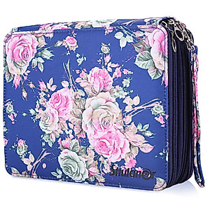 Shulaner 120 Slots Colored Pencil Case with Zipper Closure Large Capacity Blue Rose Oxford Pen Organizer Flower Pencil Holder