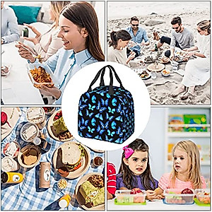 Insulated Black Lunch Bag Box for Women with Blue Butterfly Print Cute Lunch Cooler Thermal Waterproof Reusable Tote Bag with Big Pocket for Work Office Picnic College