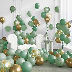 72Pcs Sage Green Balloons Set, Green Latex Balloon with 12inch 5inch Pearl Green Balloons Metallic Gold Balloons Light Olive Green Coffetti Balloons for Baby Shower Birthday Wedding Party Decorations