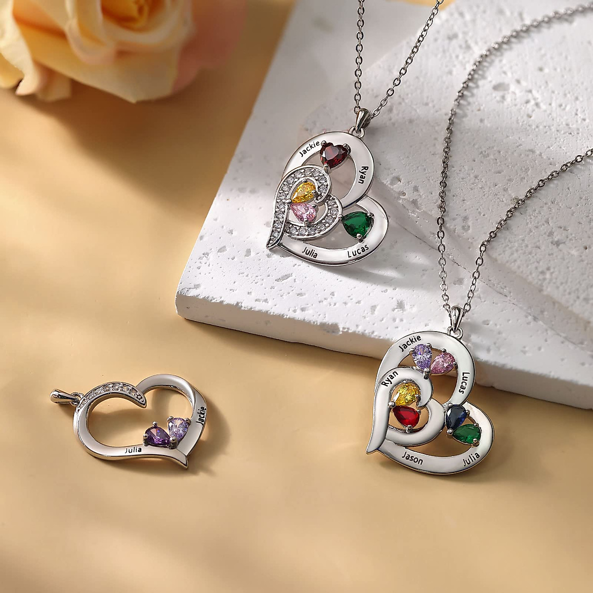 Mom Necklace,Personalized Mothers Day Necklace with Kids Names, Heart Birthstone for Women Custom Mother Name Mother's Birthday Gifts Wife Grandma (3 names)