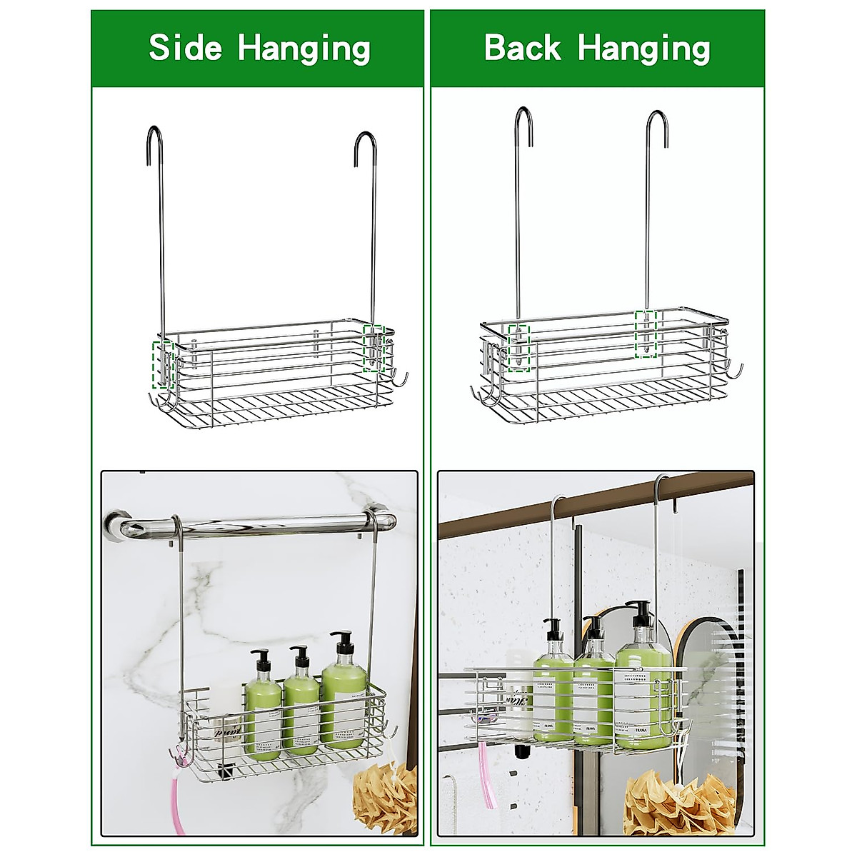 QIHS Shower Caddy Hanging Hanging Bathroom Door Organizer Shampoo Holder Shower Armpit Swivel Arm With 2 Storage Hooks, 304 Stainless Steel Rust Resistant