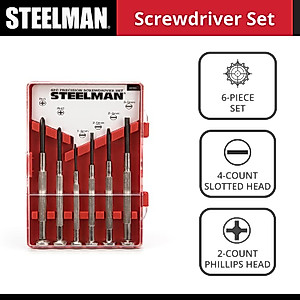 STEELMAN Precision Steel Shaft 6-Piece Electronics Screwdriver Set, Variety of Slotted/Phillips Sizes, Swivel-Head, Storage Case Included