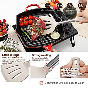 NCUE Kitchen Utensils Set, 35 Pcs Silicone Cooking Utensils Set with Holder, with Stainless Steel Handle Spatula Set, Spoons, Pasta Server, Cheese Grater, Masher, Scissors, Dishwasher Safe (Khaki)