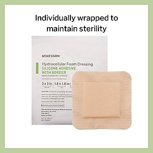 McKesson Hydrocellular Foam Dressings, Sterile, Silicone Adhesive with Border, Dimension 3 in x 3 in, Pad 1 4/5 in x 1 4/5 in, 10 Count, 1 Pack