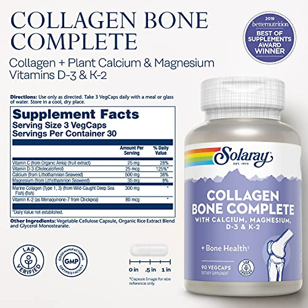 SOLARAY Collagen Bone Complete | Advanced Bone Matrix Formula with Plant Calcium & Magnesium | 30 Servings | 90 VegCaps