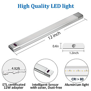 WOBANE Under Cabinet Lighting, Plug in LED Light Bar with ETL Adapter, Hand Wave Activated, 12” Cabinet Light Kit for Kitchen,Shelf,Bookcase,Display,Counter, 2700K Warm White,Dimmable,1 Panel