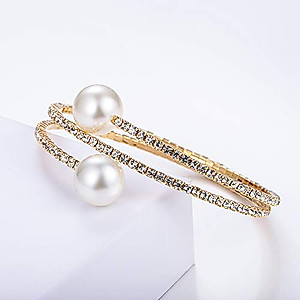 Handmade Crystal Pearl Elastic Bangle Gold Silver Multilayer Freshwater Pearl Bracelet Sparkling Stackable Crystal Bracelets for Women Wedding Jewelry