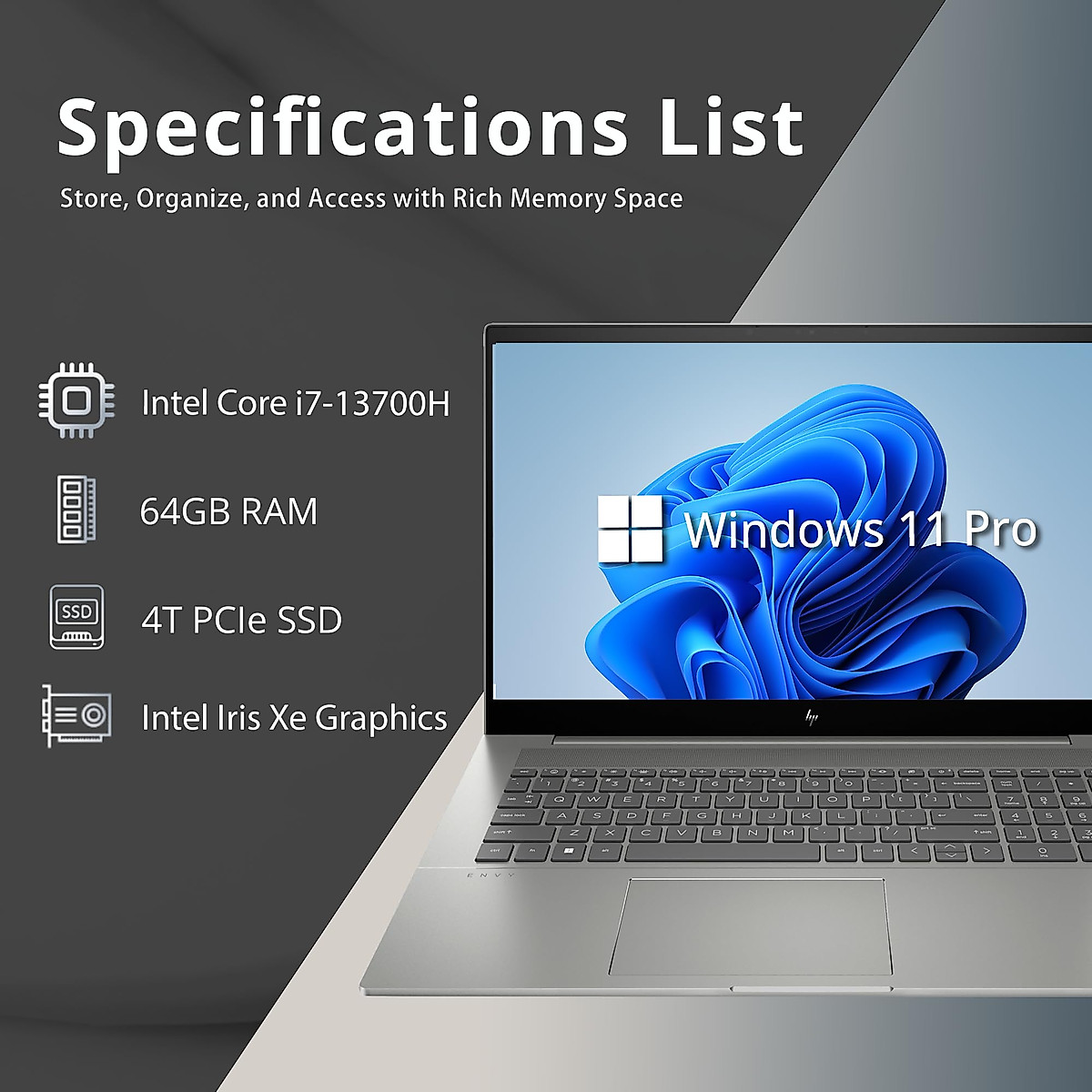 HP Envy 17.3'' FHD Touchscreen Business Laptop, Intel Core i7-13700H, 64GB RAM, 4TB PCIe SSD, Intel Iris Xe Graphics, Backlit Keyboard, 5MP IR Webcam, Silver, Win 11 Pro, 32GB Hotface USB Card