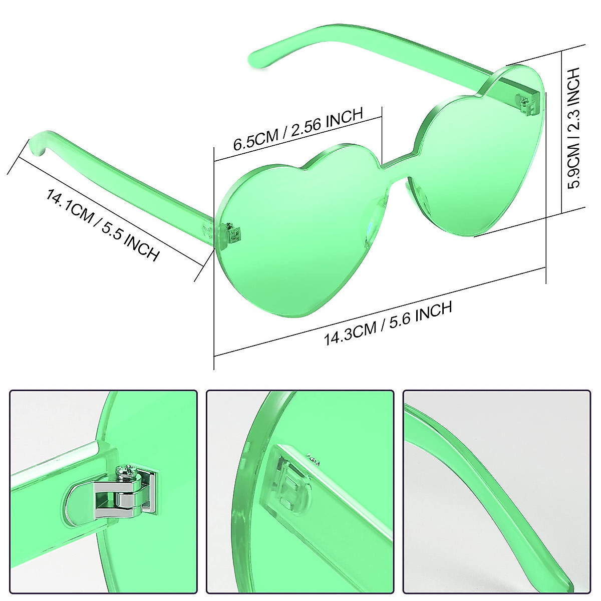 Maxdot 3 Pieces Heart Shaped Sunglasses Candy Color Rimless Heart Glasses for Women Colorful Summer Party Favors(Fruit Green)