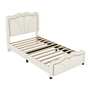 MERITLINE Twin Size Bed with Height-Adjustbale Headboard & LED Light Strips, Upholstered Twin Platform Bed Frame for Bedroom, White